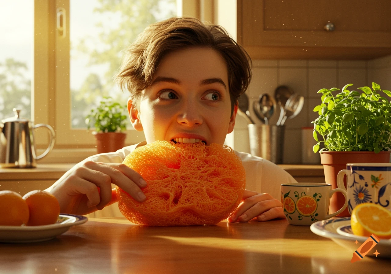 A young person bites into an orange loofah sponge in a sunlit kitchen ...
