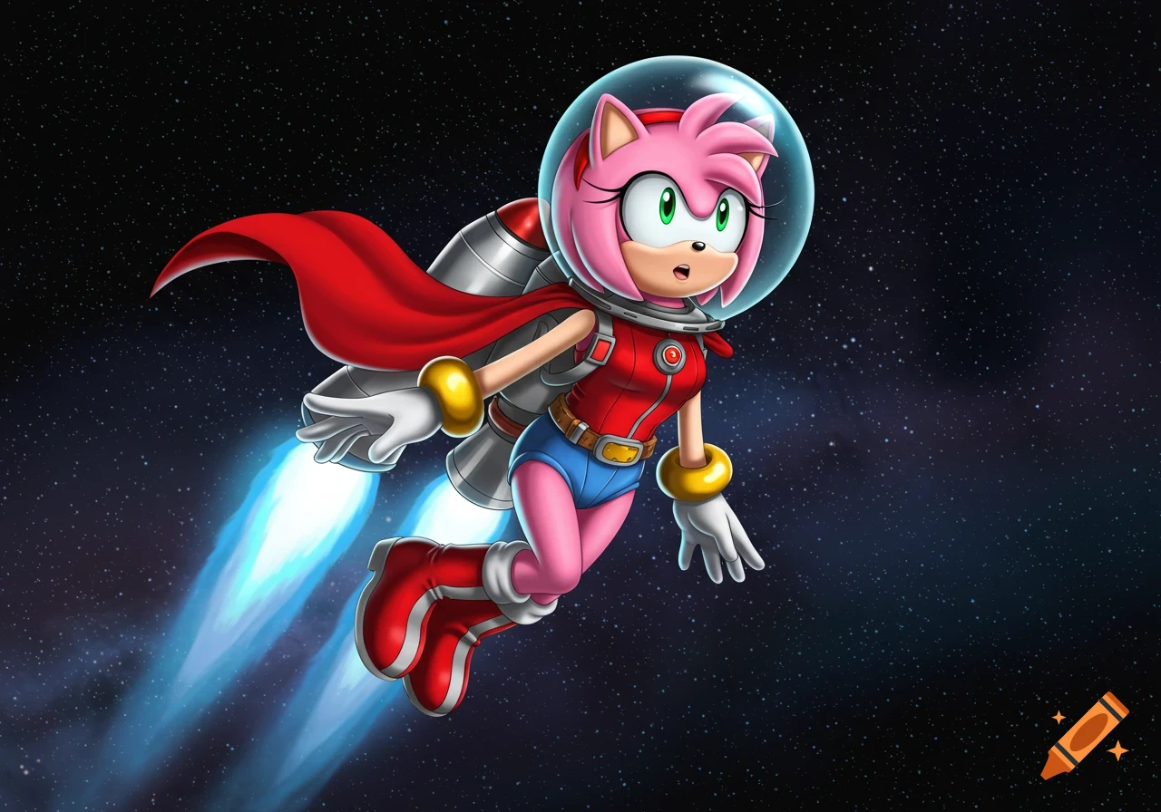 Amy Rose from Sonic the Hedgehog, in a red dress, stands with arms ...