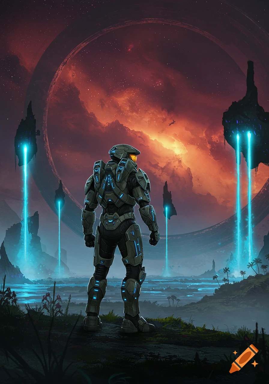 Master Chief in sci-fi armor stands on a lush planet, looking at a ...