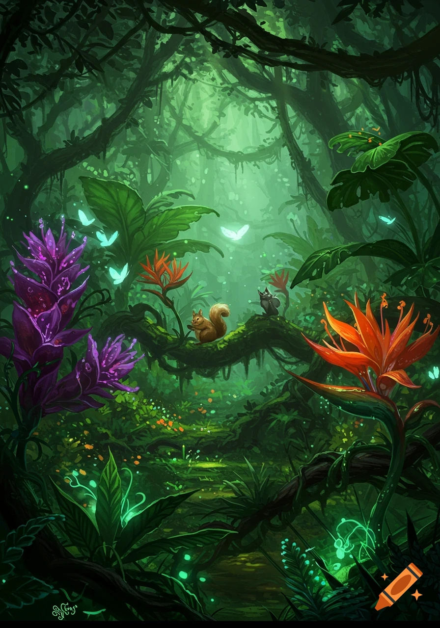 A vibrantly decorated bus drives through a dense, misty jungle with ...