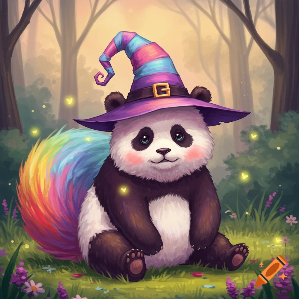 A cute panda bear with a vibrant rainbow bushy tail and a purple striped witch's hat sits in a ...