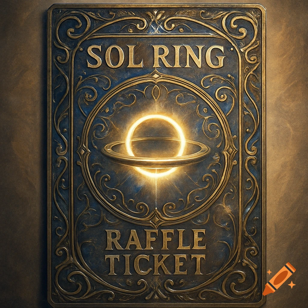 An ornate, vintage-style raffle ticket with a glowing golden ring ...