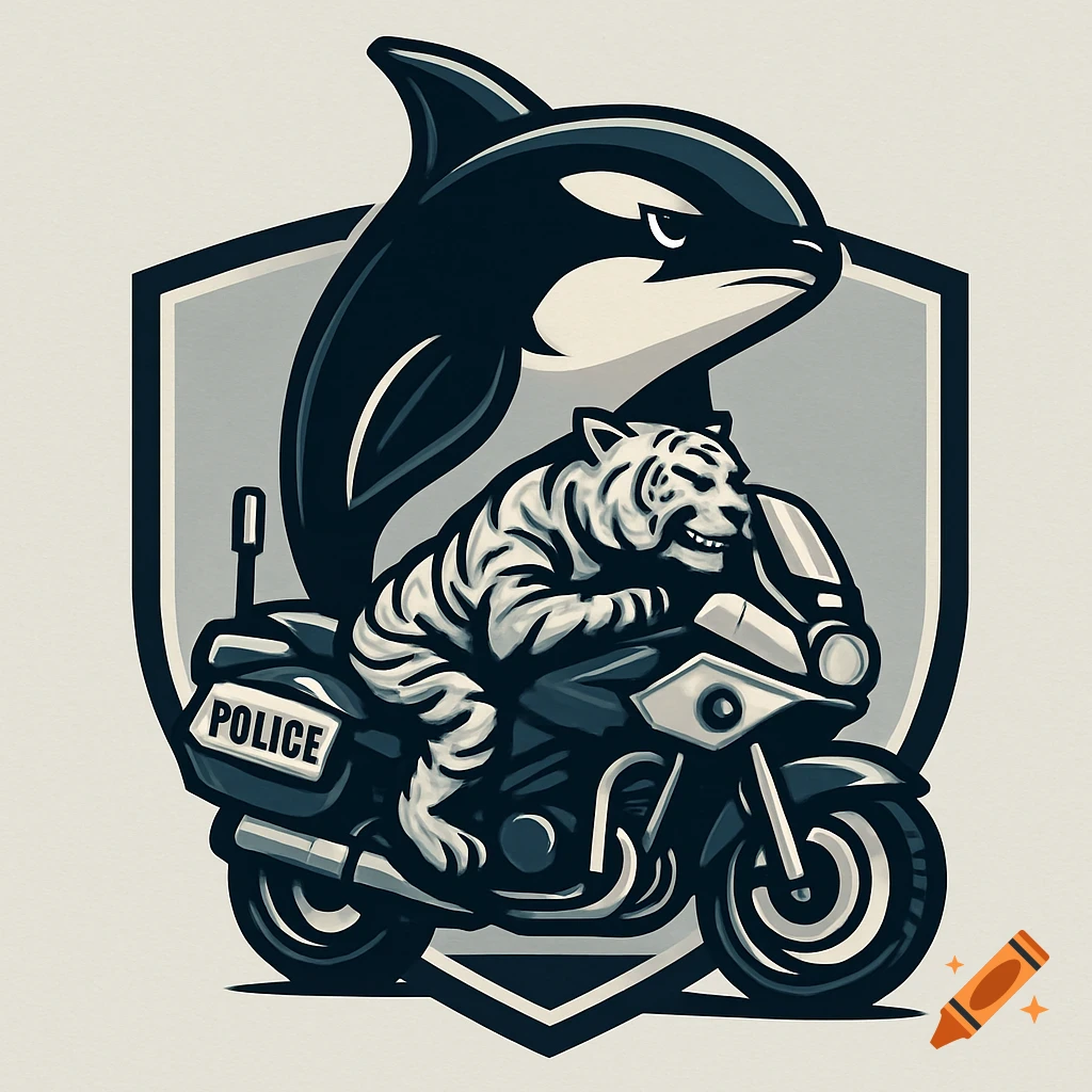 A shield logo illustration of an angry orca head behind a white tiger ...