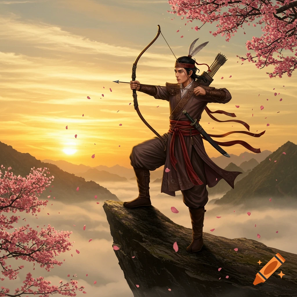 An archer in ancient Asian attire aims a bow on a rocky cliff ...