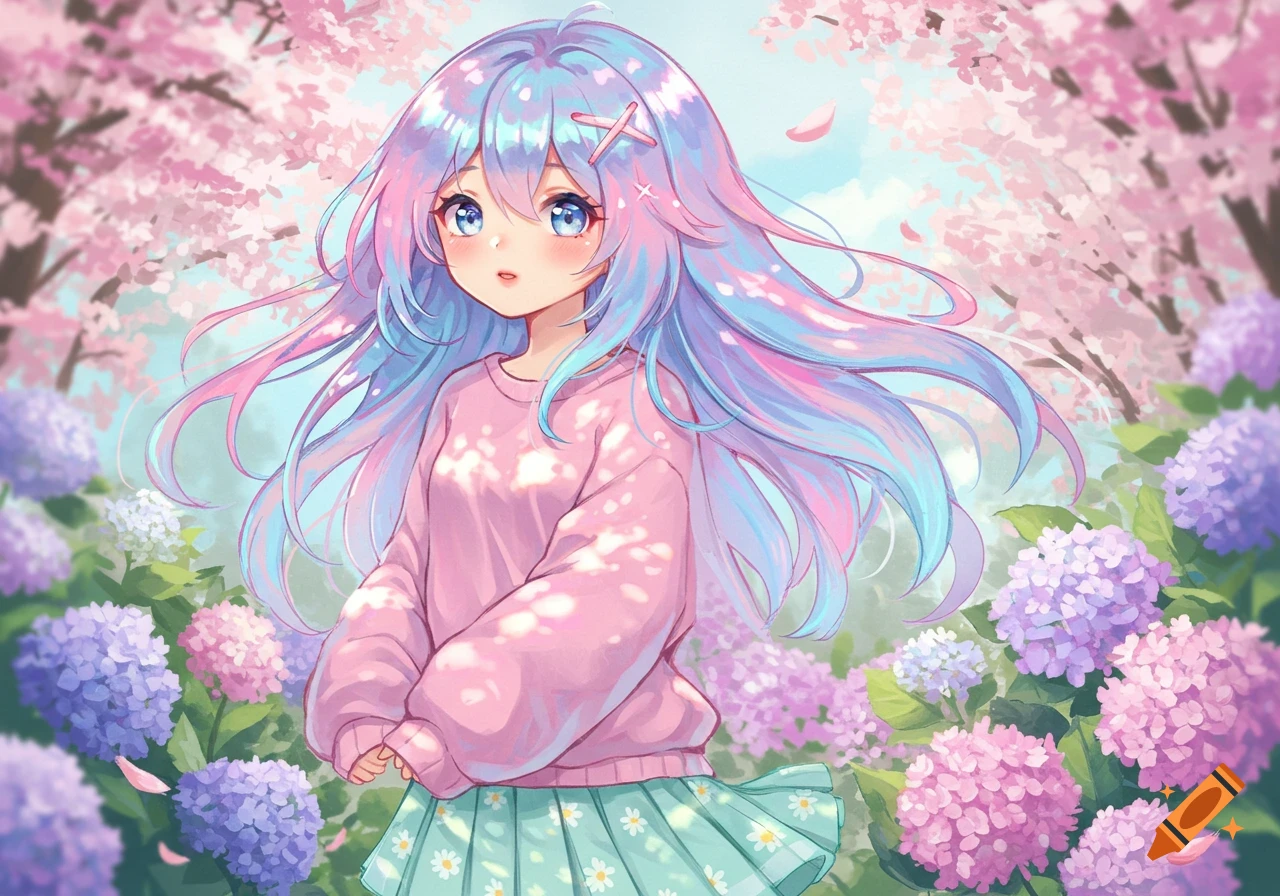 An anime girl kneels in a field of tall cannabis plants and pink ...