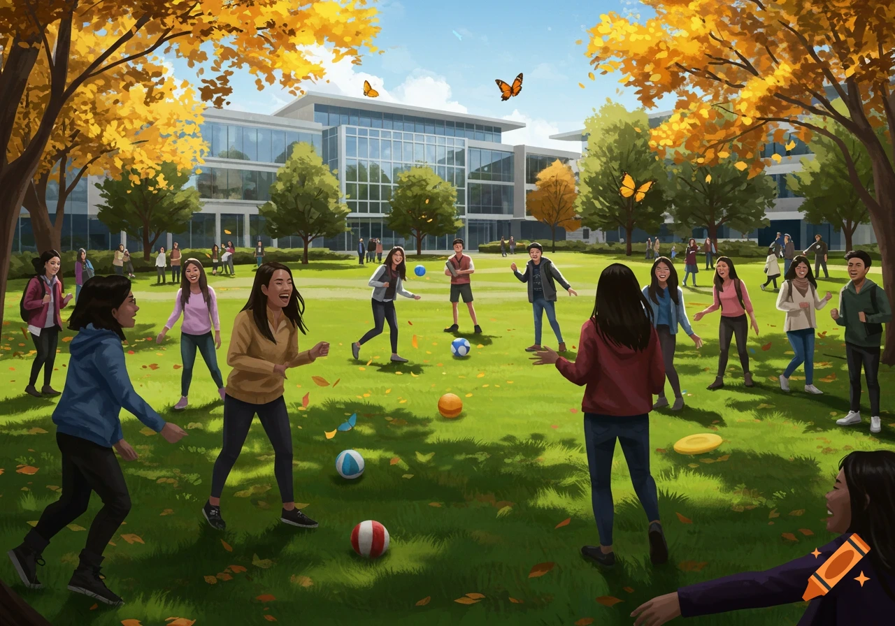 A diverse group of students playing games with balls and a frisbee on a ...