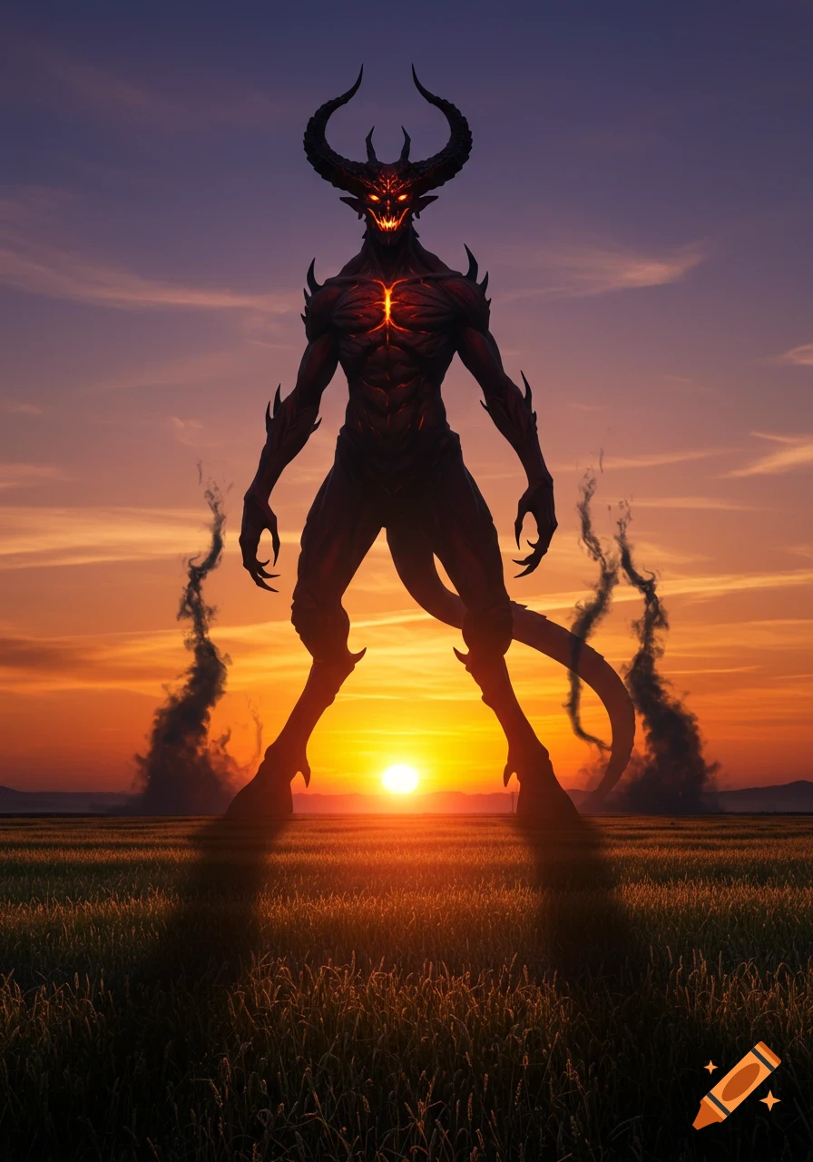 A dark, horned demon with glowing red eyes and fiery cracks on its body ...