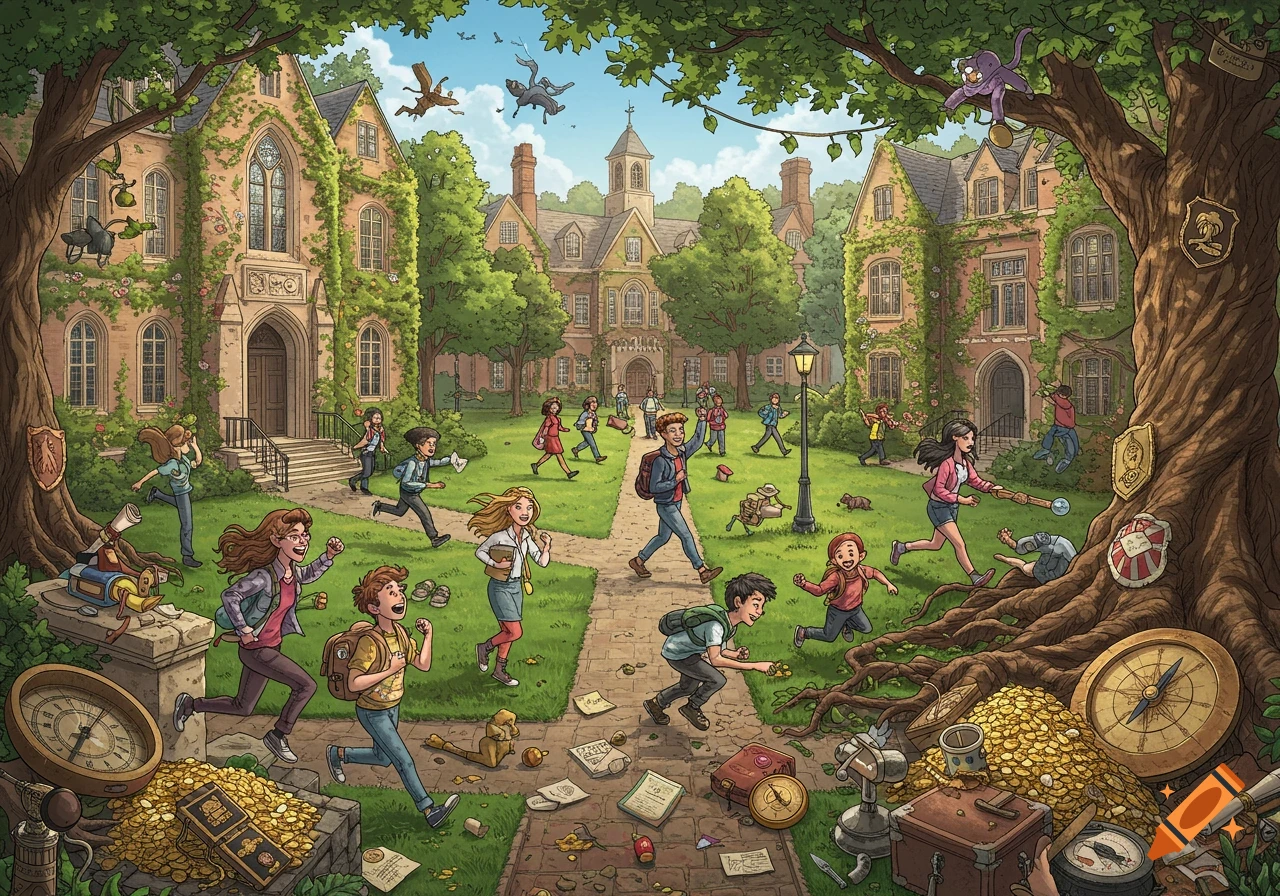 Detailed illustration of students on a treasure hunt around a sprawling ...