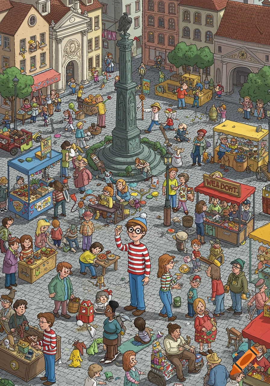 Illustration in the style of Where's Wally showing a crowded fairground ...