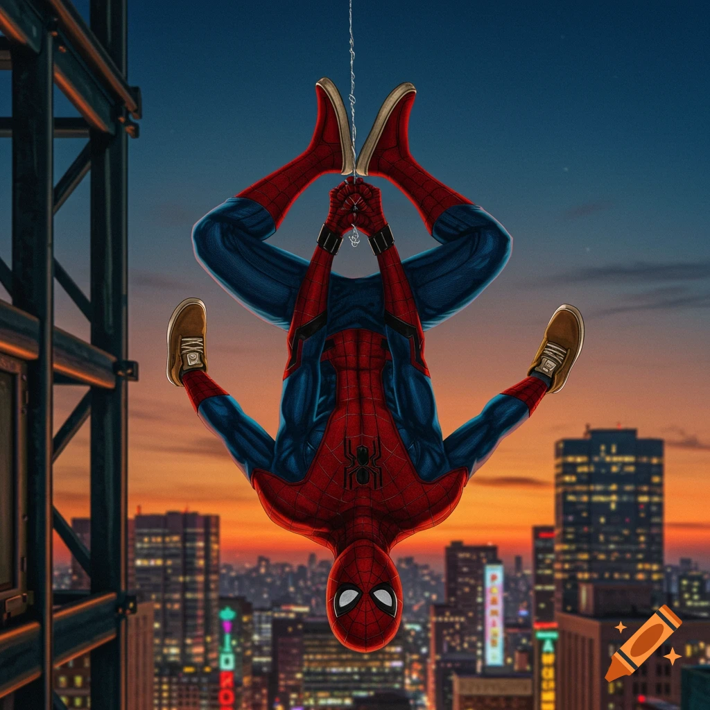 Spider-Man hangs upside down by a web, wearing brown casual shoes ...