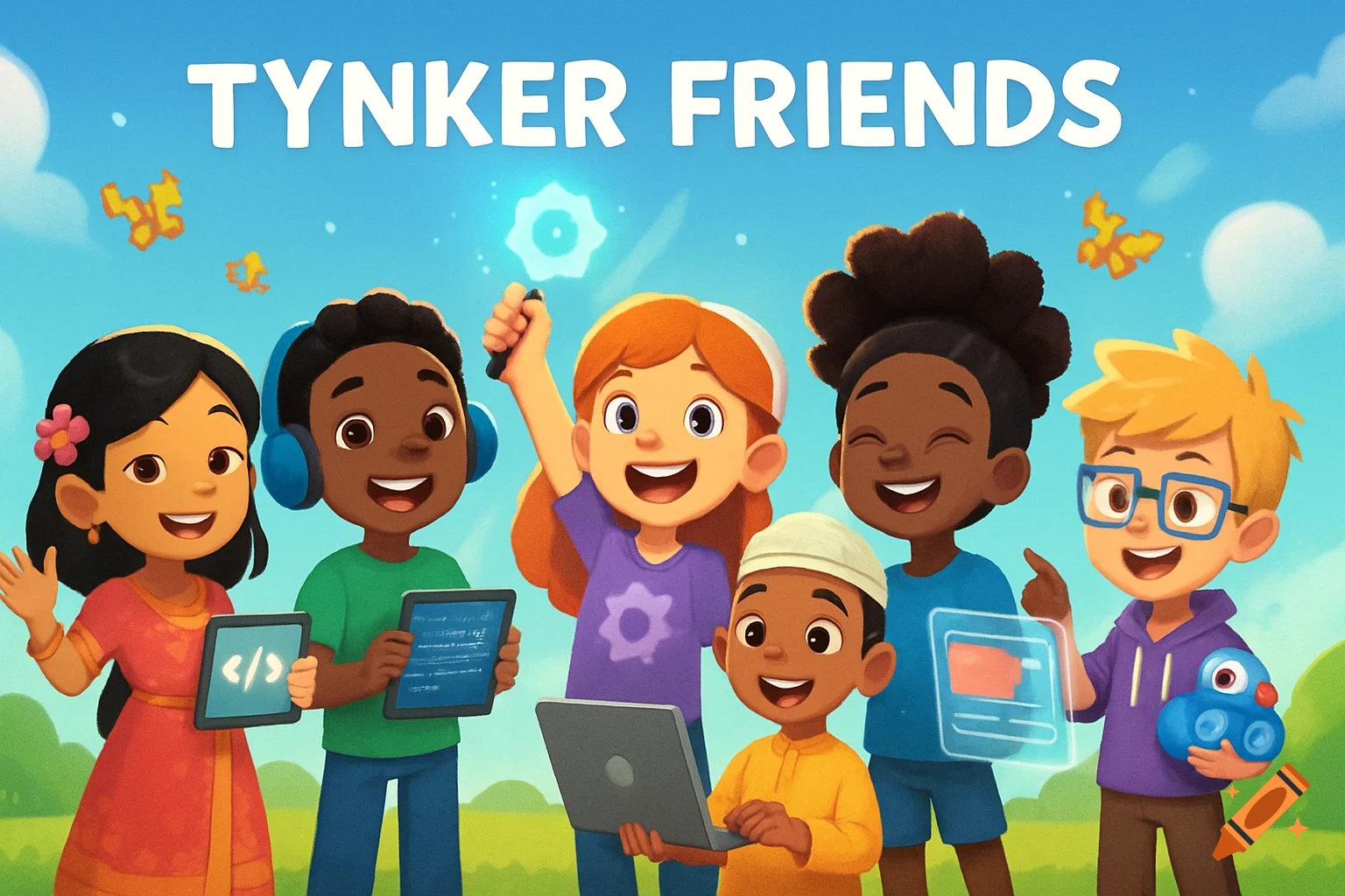 A cartoon illustration of diverse children holding tech gadgets like ...