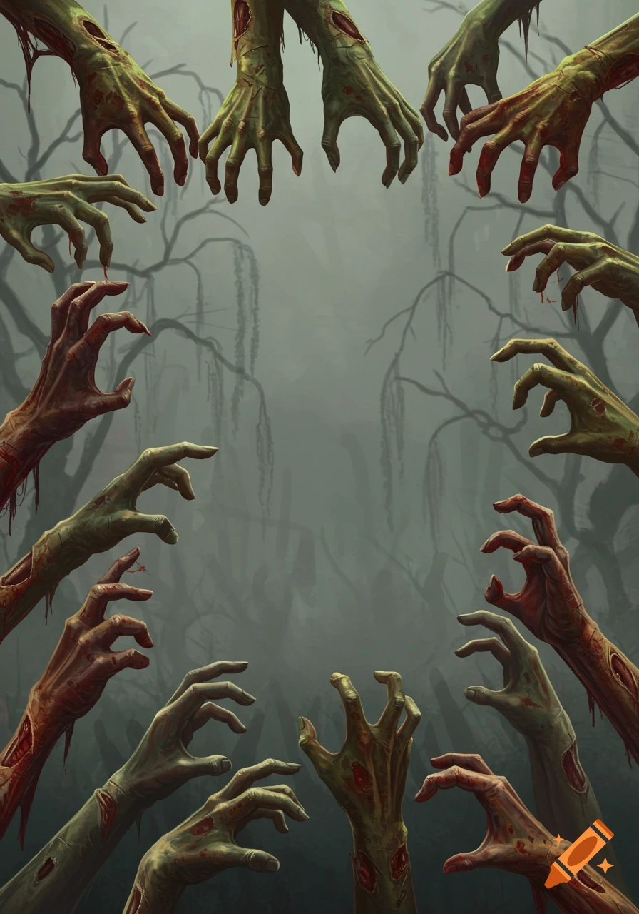 Zombie hands with decaying flesh and blood forming a border around a ...