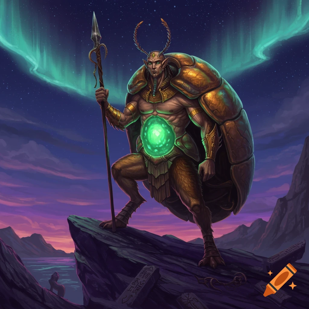 A muscular bipedal human-scarab creature with glowing green chest, gold ...