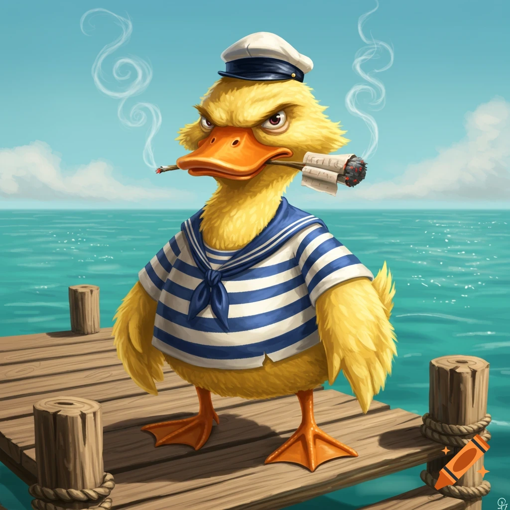 A detailed cartoon illustration of an angry yellow duck in a sailor ...