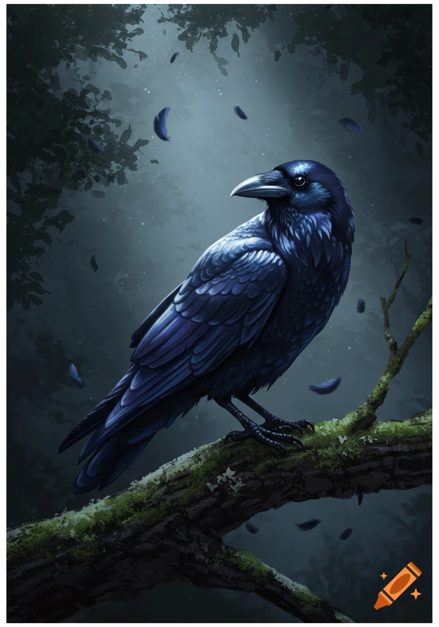 A black crow wearing a green utility vest perches on a wooden post in a ...