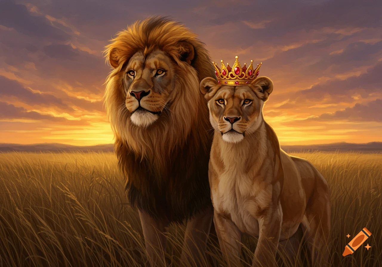 A majestic lion roars on a rocky mountain peak at sunset, with a misty mountain range extending ...