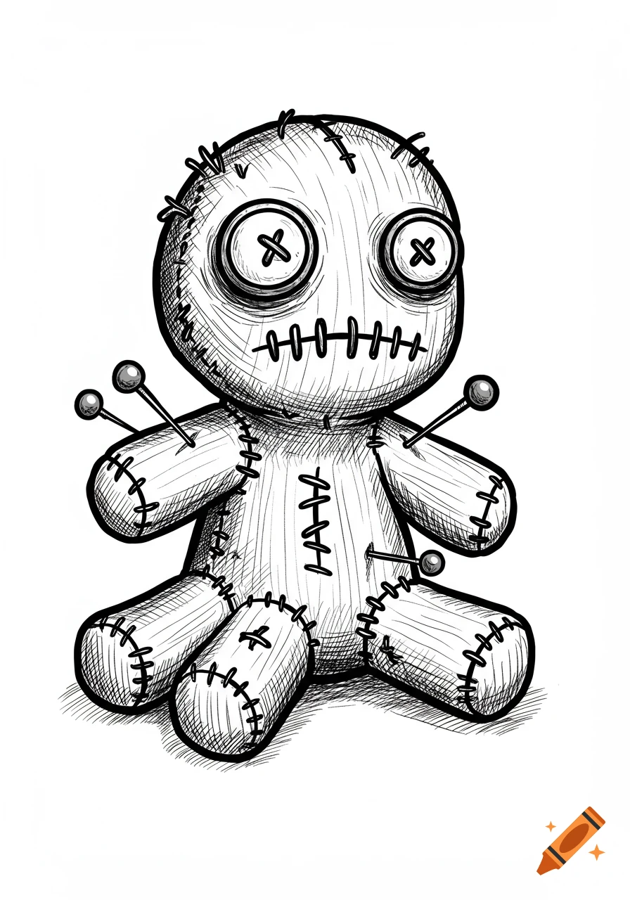 Black and white sketch of a voodoo doll with button eyes and pins stuck ...