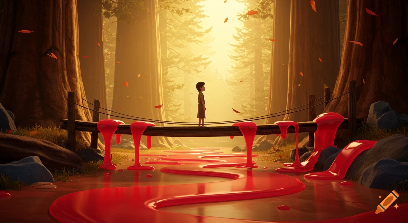 Animated cinematic scene of a child standing on a wooden bridge over a ...