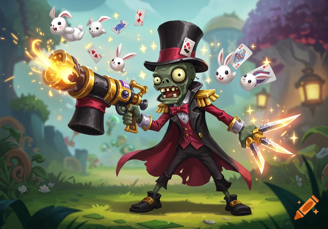 A stylized zombie magician in a top hat and red suit, holding a cannon ...
