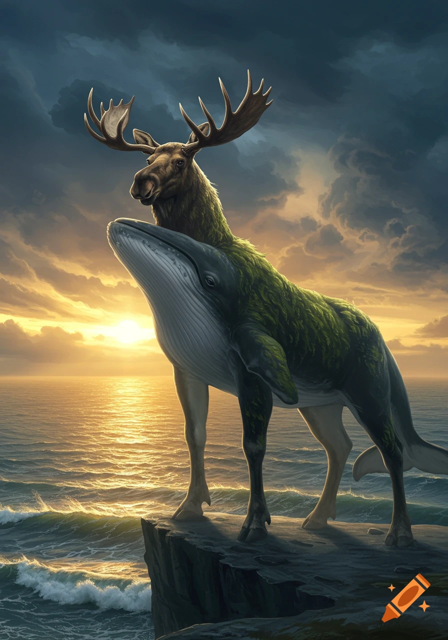 A majestic moose-whale hybrid with a moose head and whale body covered ...