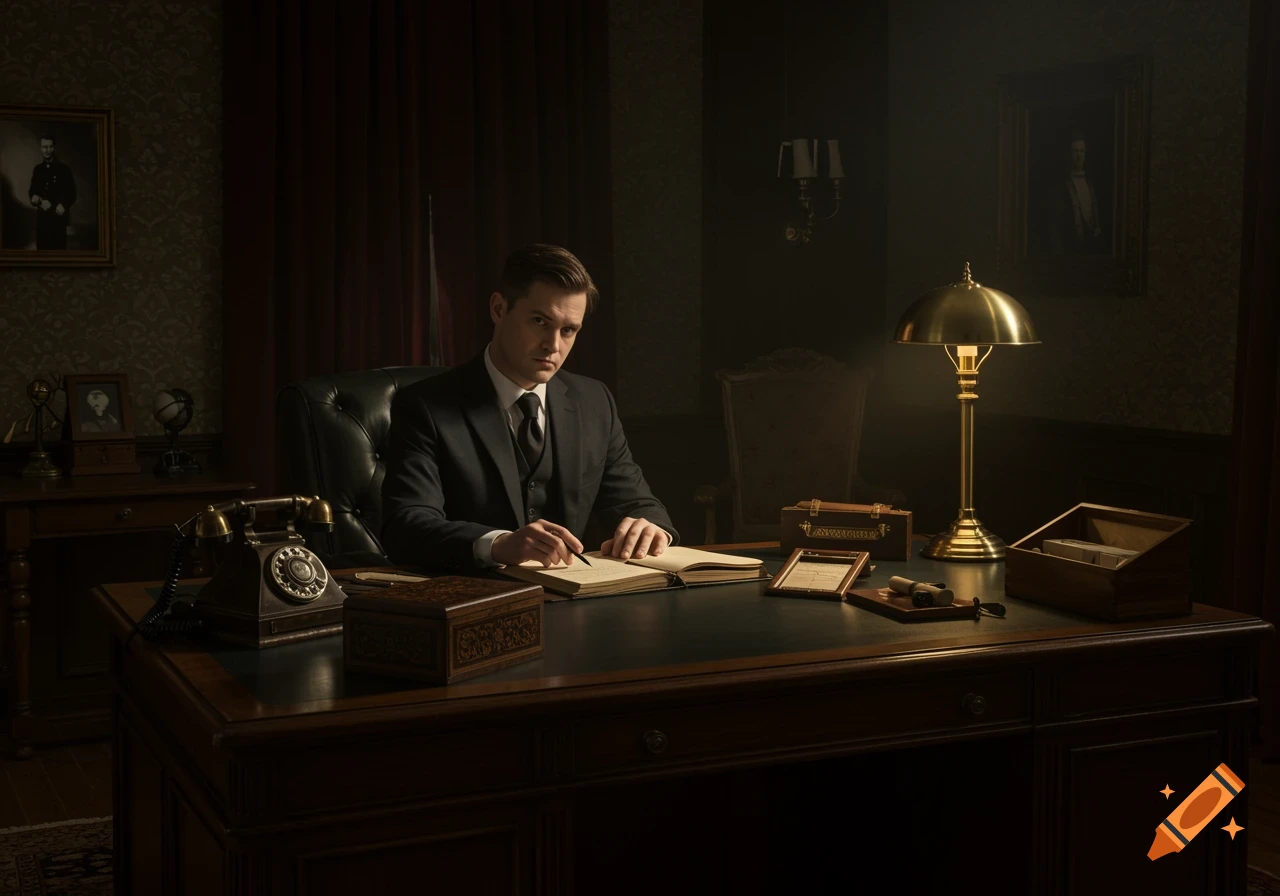 A man in a dark suit sits at a large wooden desk, writing in a book ...