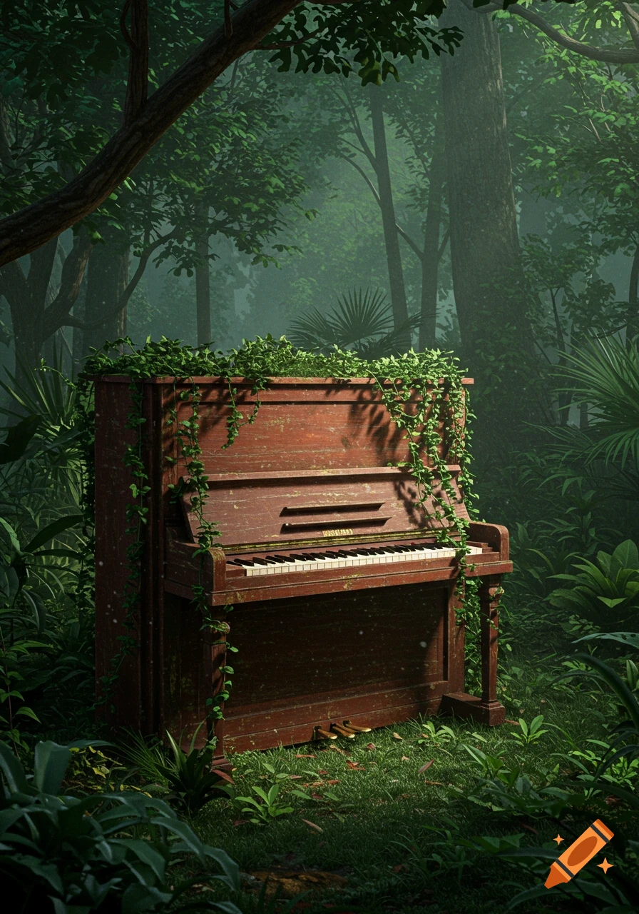 An old, upright piano overgrown with vines and leaves stands alone in the dense, misty jungle ...