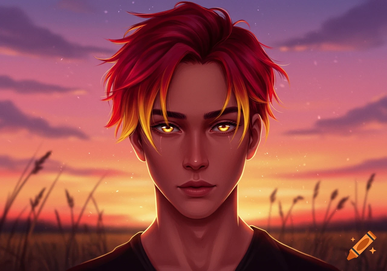 Close-up digital painting of a male character with fiery red and orange hair and glowing golden ...