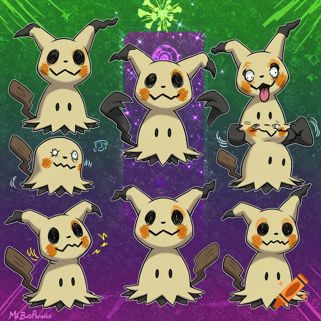 A grid of nine cartoon Mimikyu Pokémon with different silly expressions ...