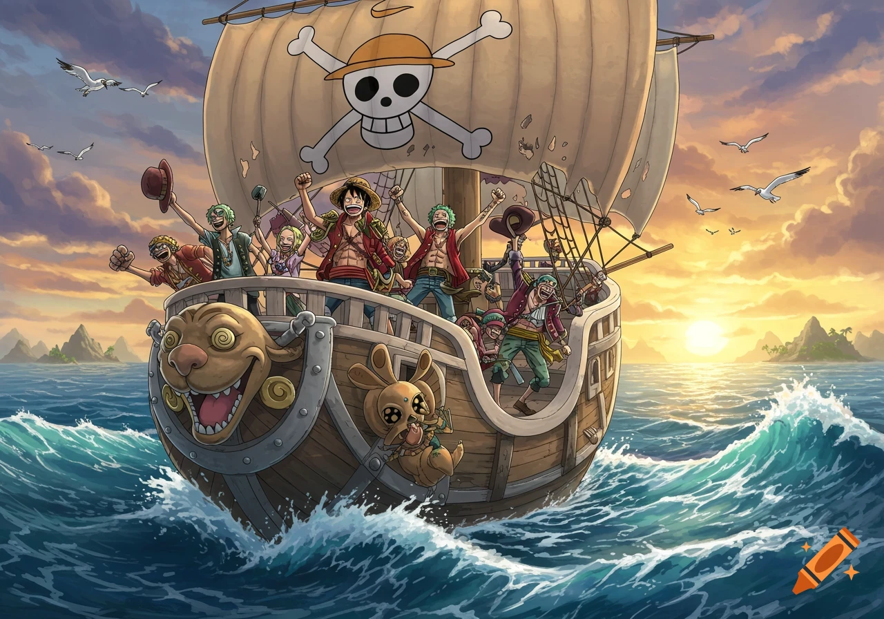 The Straw Hat Pirates cheering on the Going Merry ship, sailing on the ...