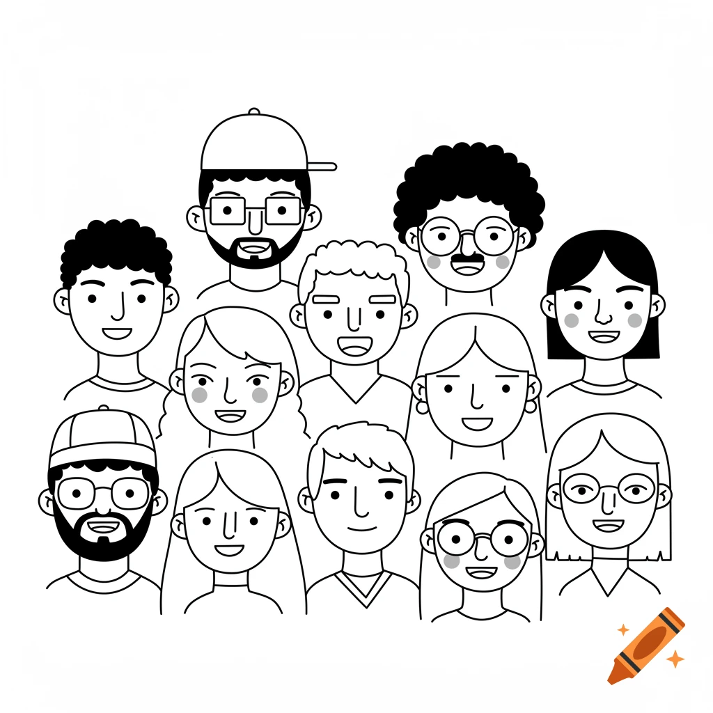 A group of diverse people laughing and chatting in a simple pencil ...