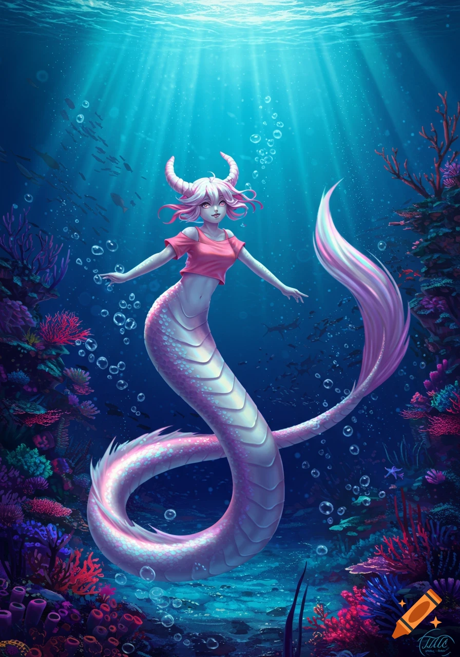 A pink-haired lamia with horns wearing a crop top swims underwater ...