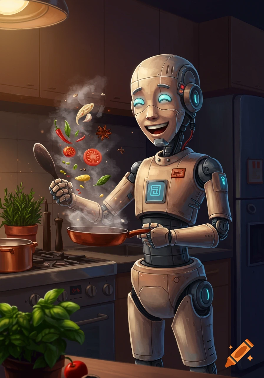 A cheerful, friendly robot is cooking in a dimly lit kitchen, tossing ...