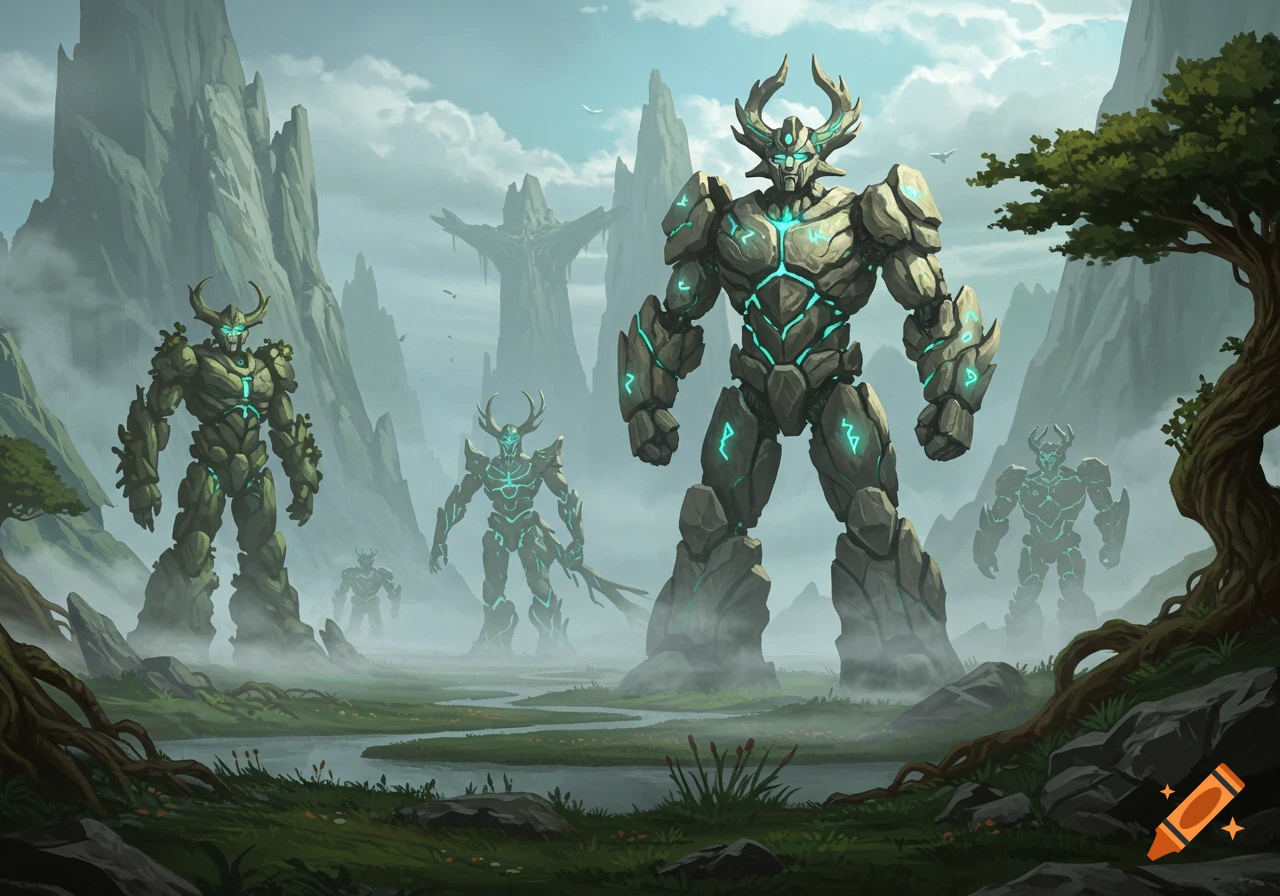 Giant stone golems with glowing blue runes and horns stand in a misty ...