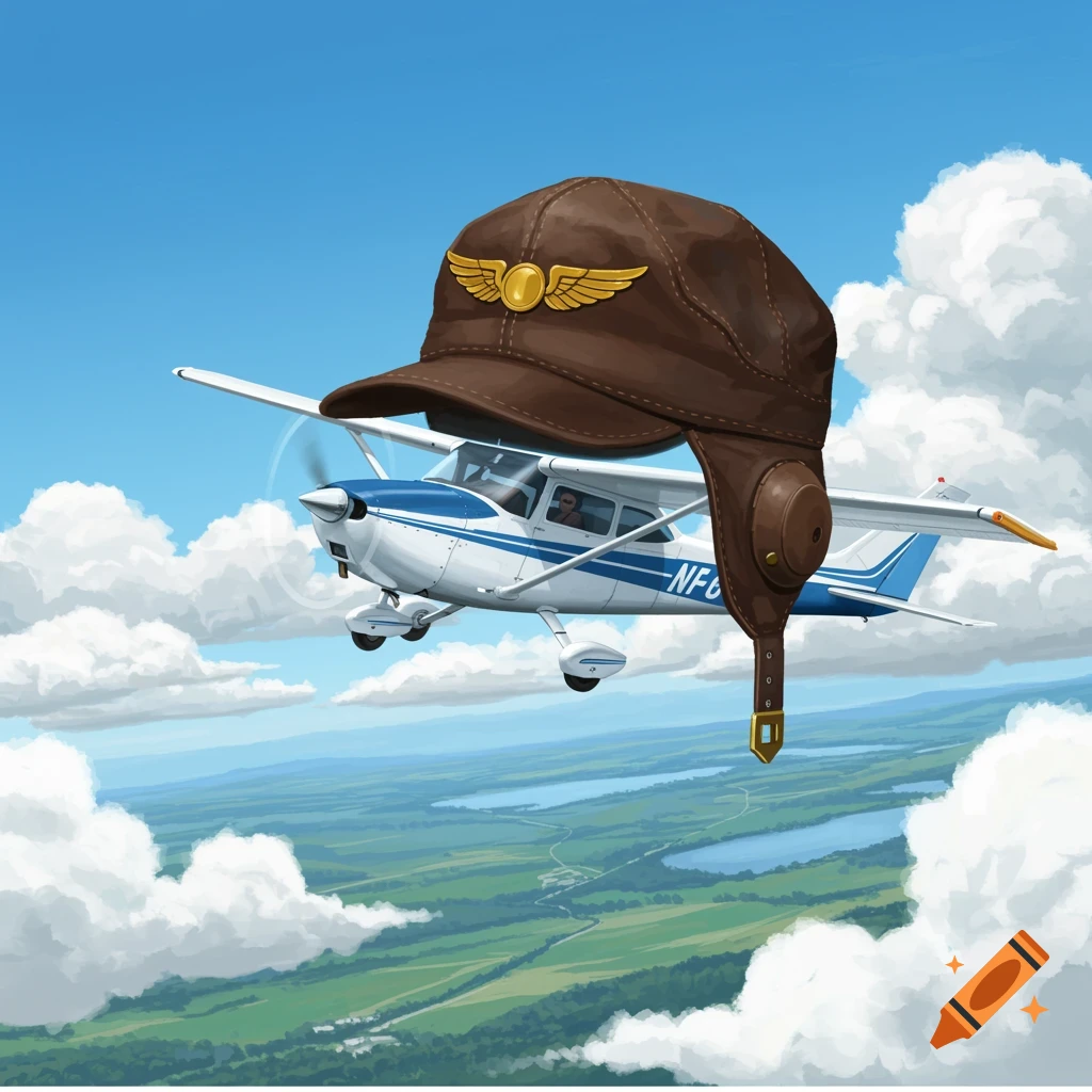 An illustrated Cessna 172 airplane flying above a landscape, with a ...