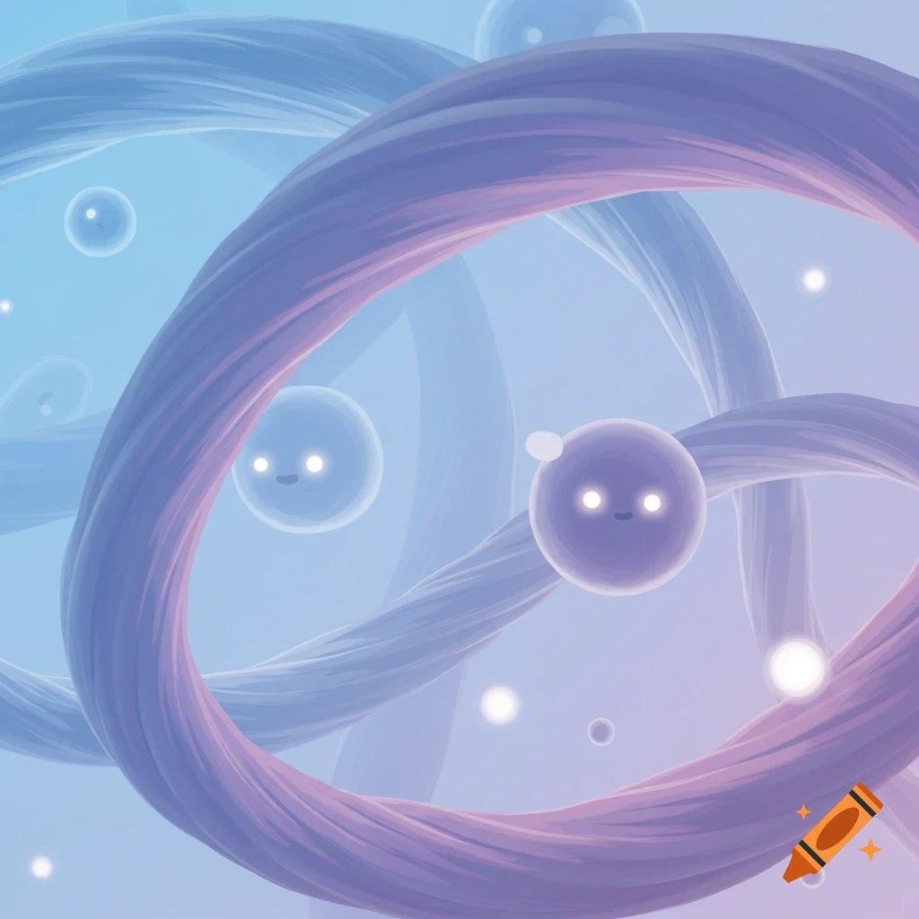 Twisting purple and blue abstract forms with glowing, smiling spherical ...