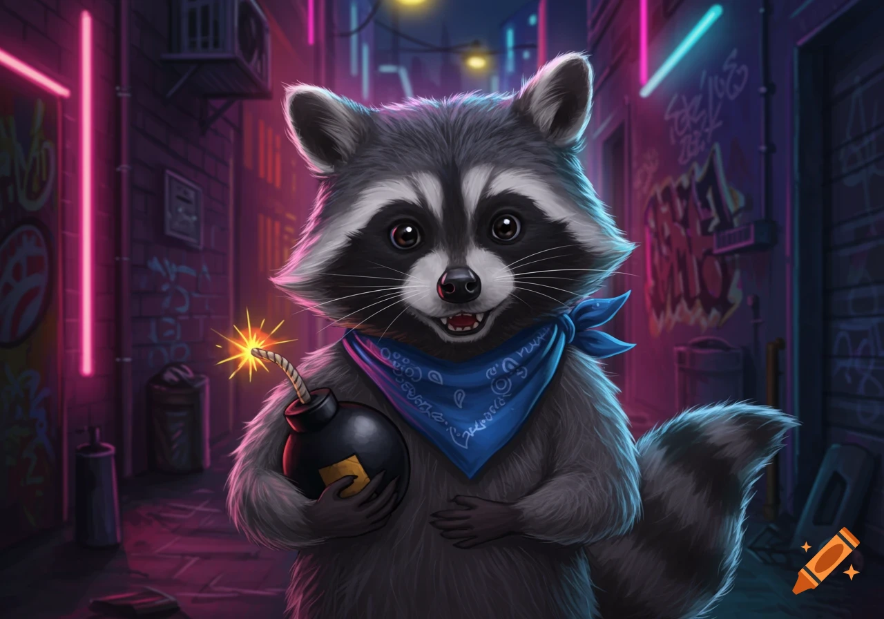 Clipart-style cartoon of a raccoon with a turtle shell walking in a ...