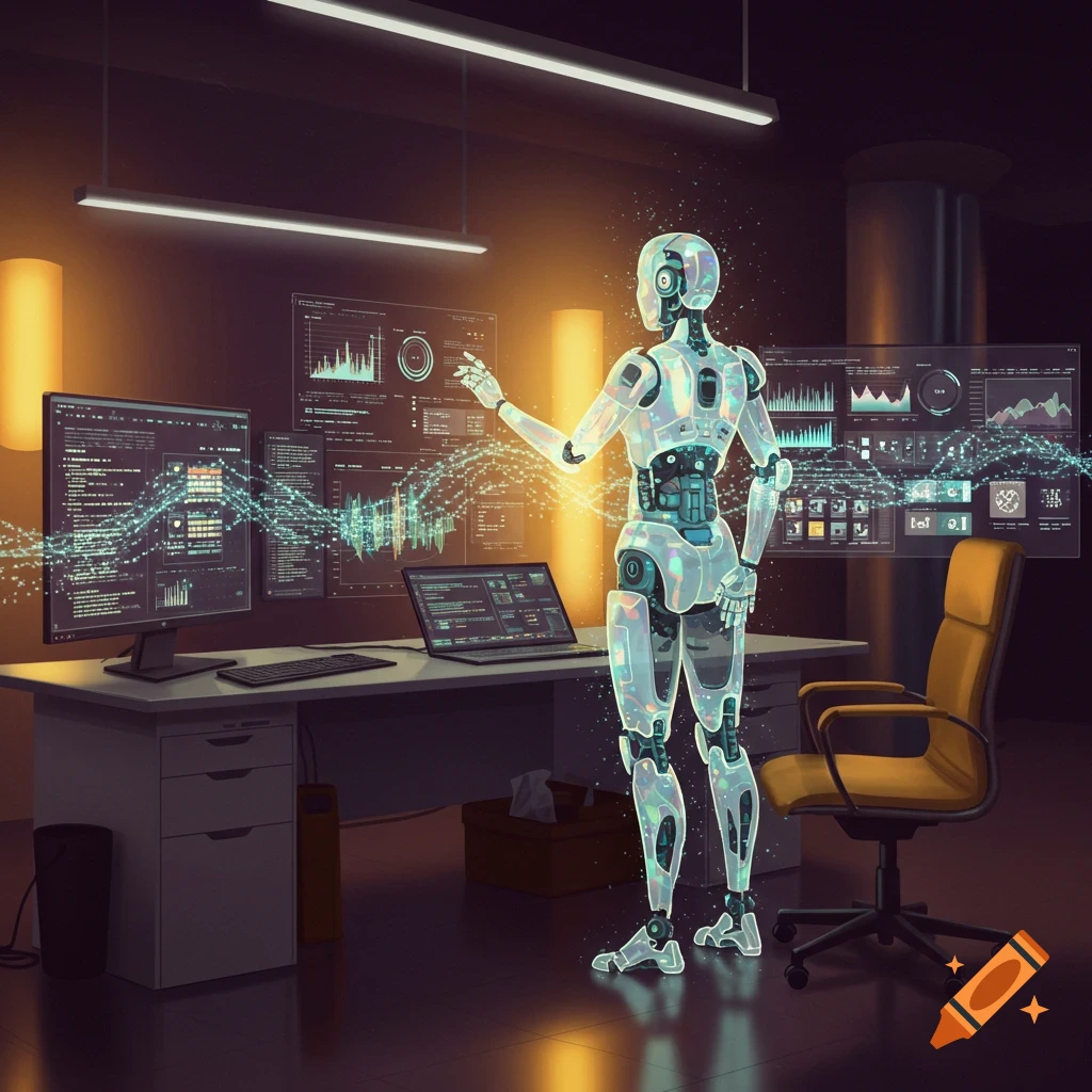 A futuristic white and black android bust with glowing blue eyes ...