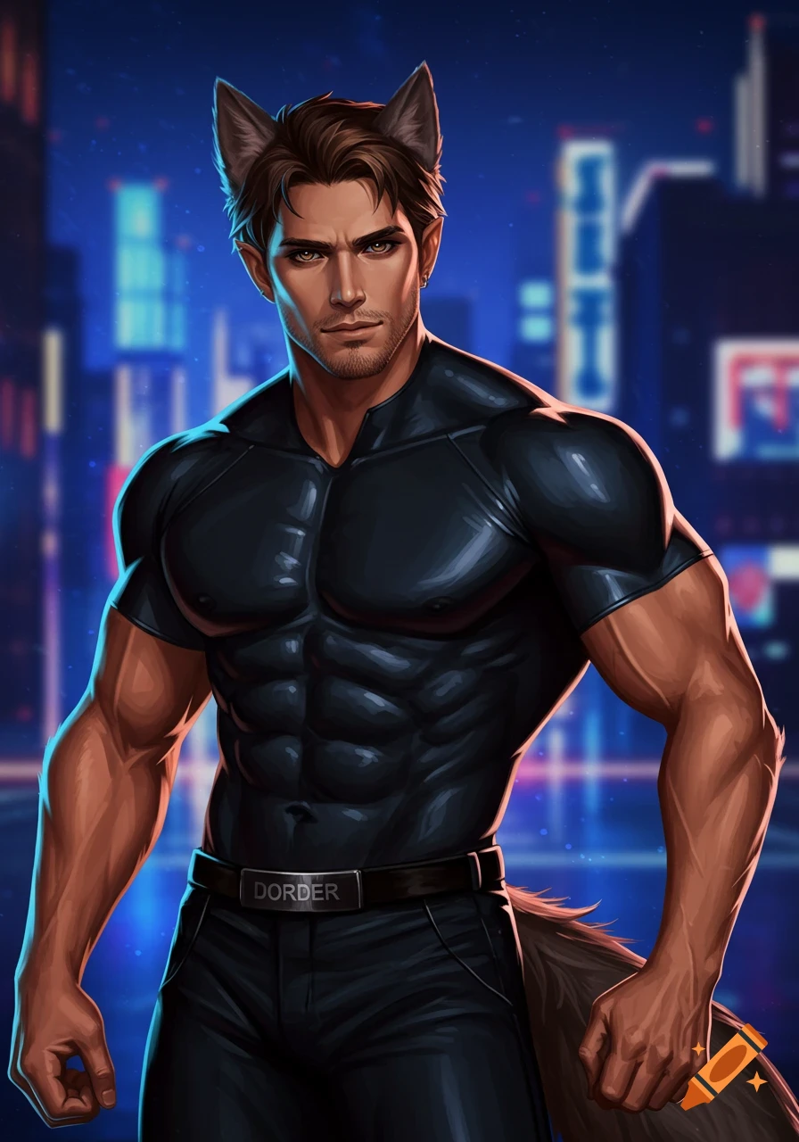 A muscular man with wolf ears and tail, wearing a black shirt and pants ...