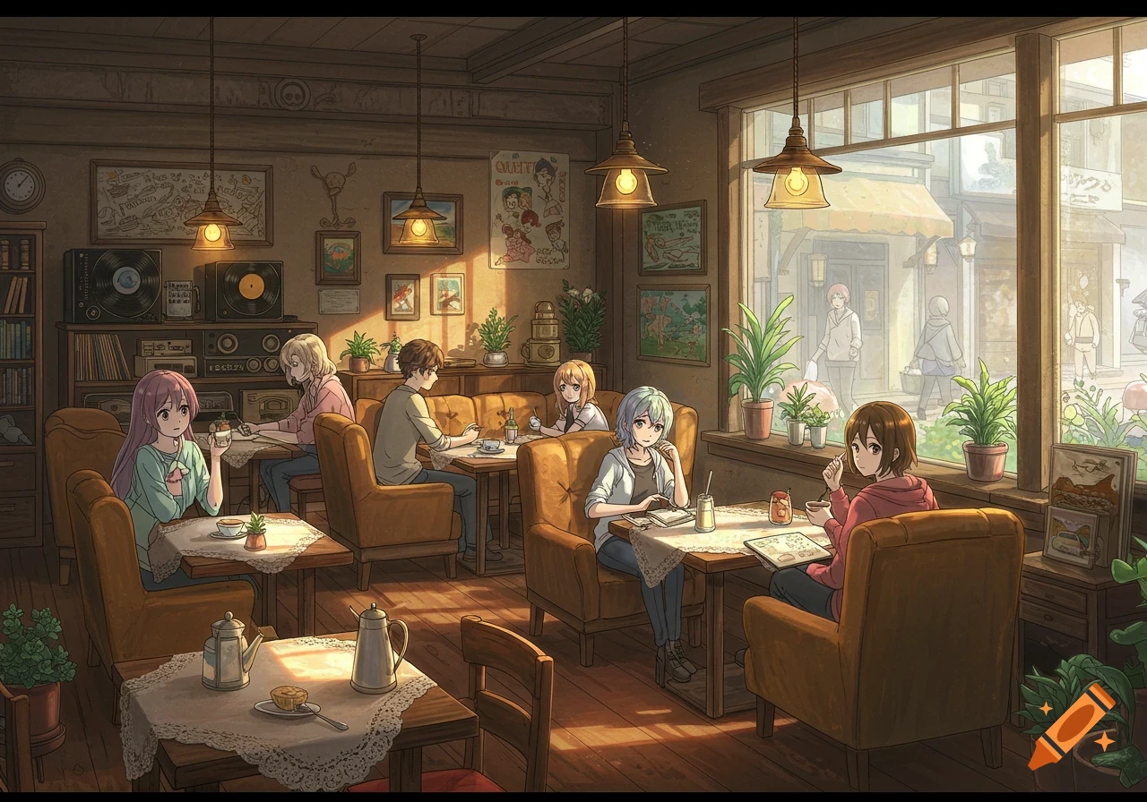 An anime-style illustration of a cozy cafe interior with several young ...