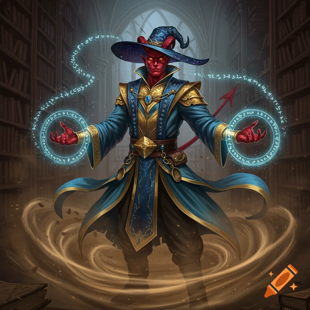 A red-skinned Tiefling wizard in a blue and gold robe and wizard hat ...