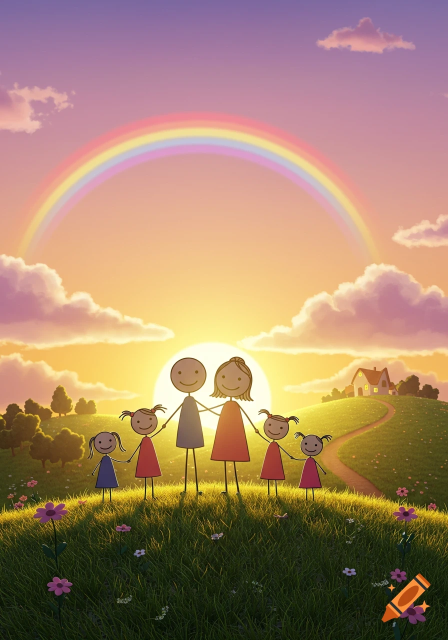 A stick figure family, with parents and three daughters, stands on a ...