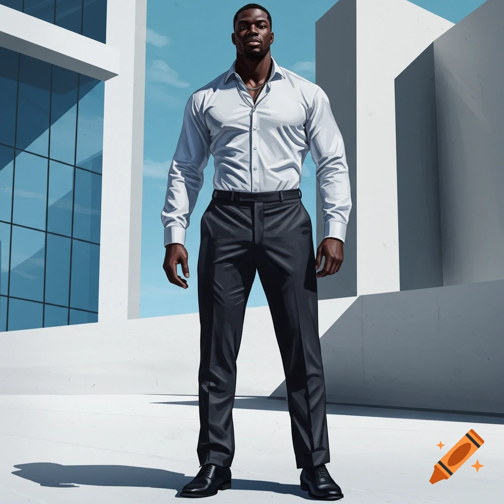 A tall, strong Black man in a white button-down shirt and black pants ...