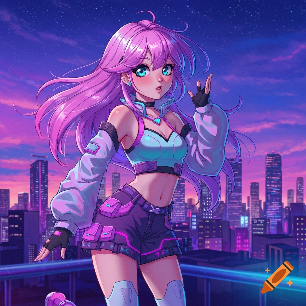 A vibrant, stylized female character with pink hair and a crop top ...