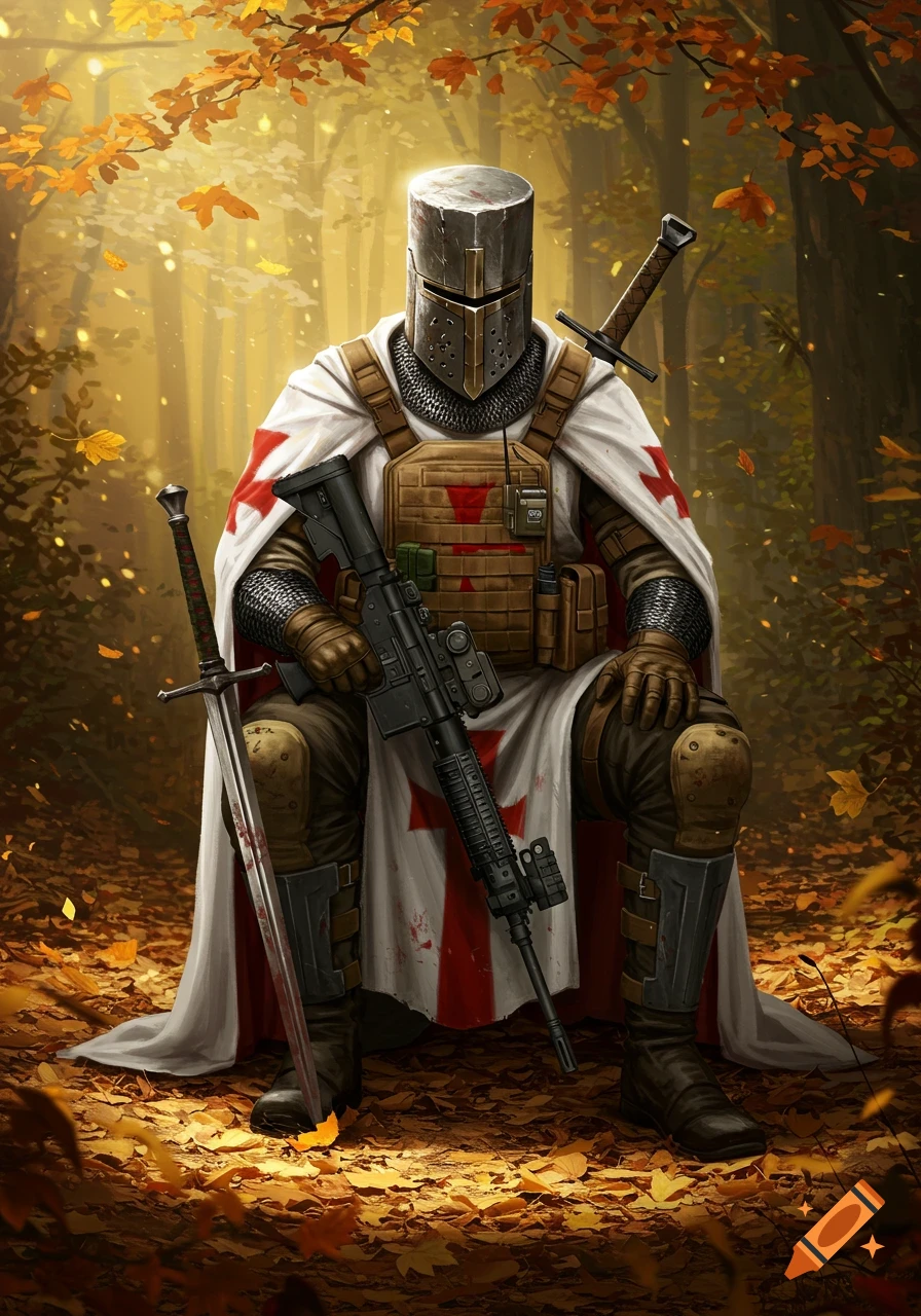 A modern Crusader knight wearing a medieval greathelm and Templar tabard over a plate carrier ...
