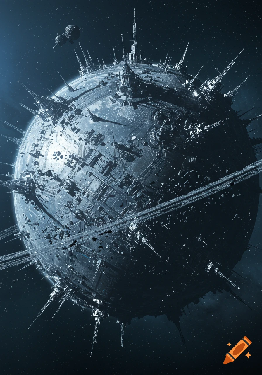 A large, detailed space station with multiple modules and solar panels orbits Earth, surrounded ...