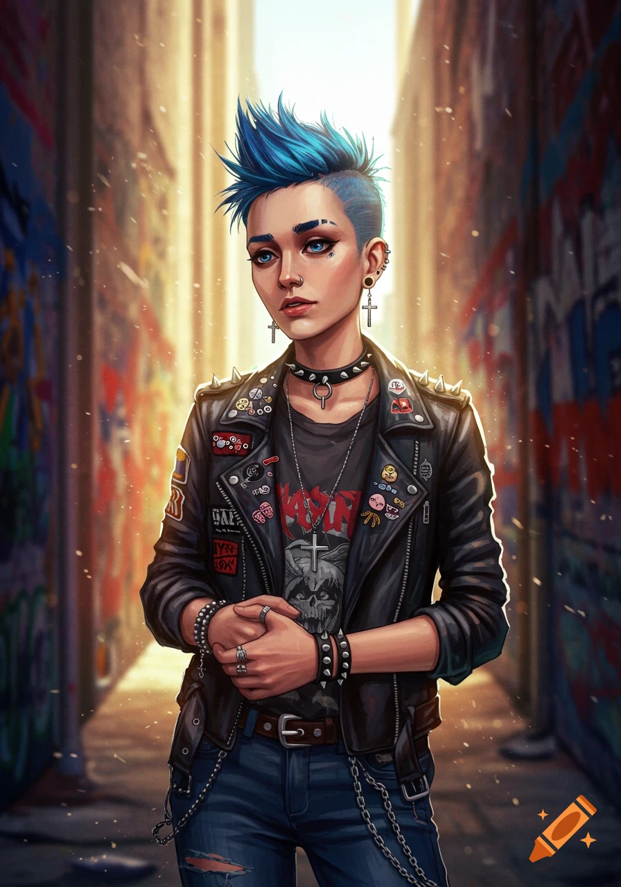A digital art illustration of a punk-style girl with short dark hair ...