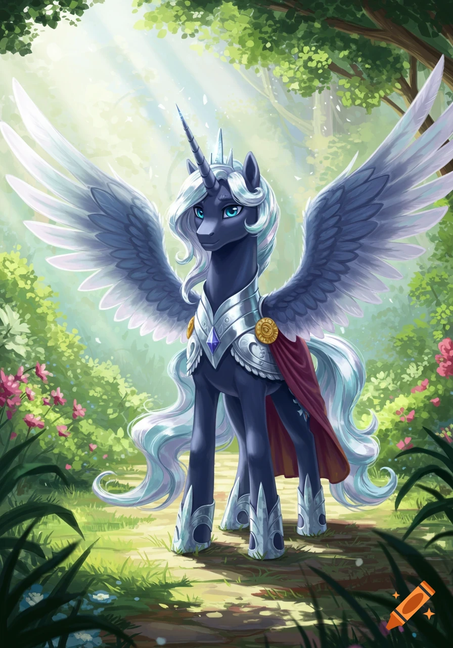A dark blue Alicorn with silver mane and tail, blue eyes, wearing ...