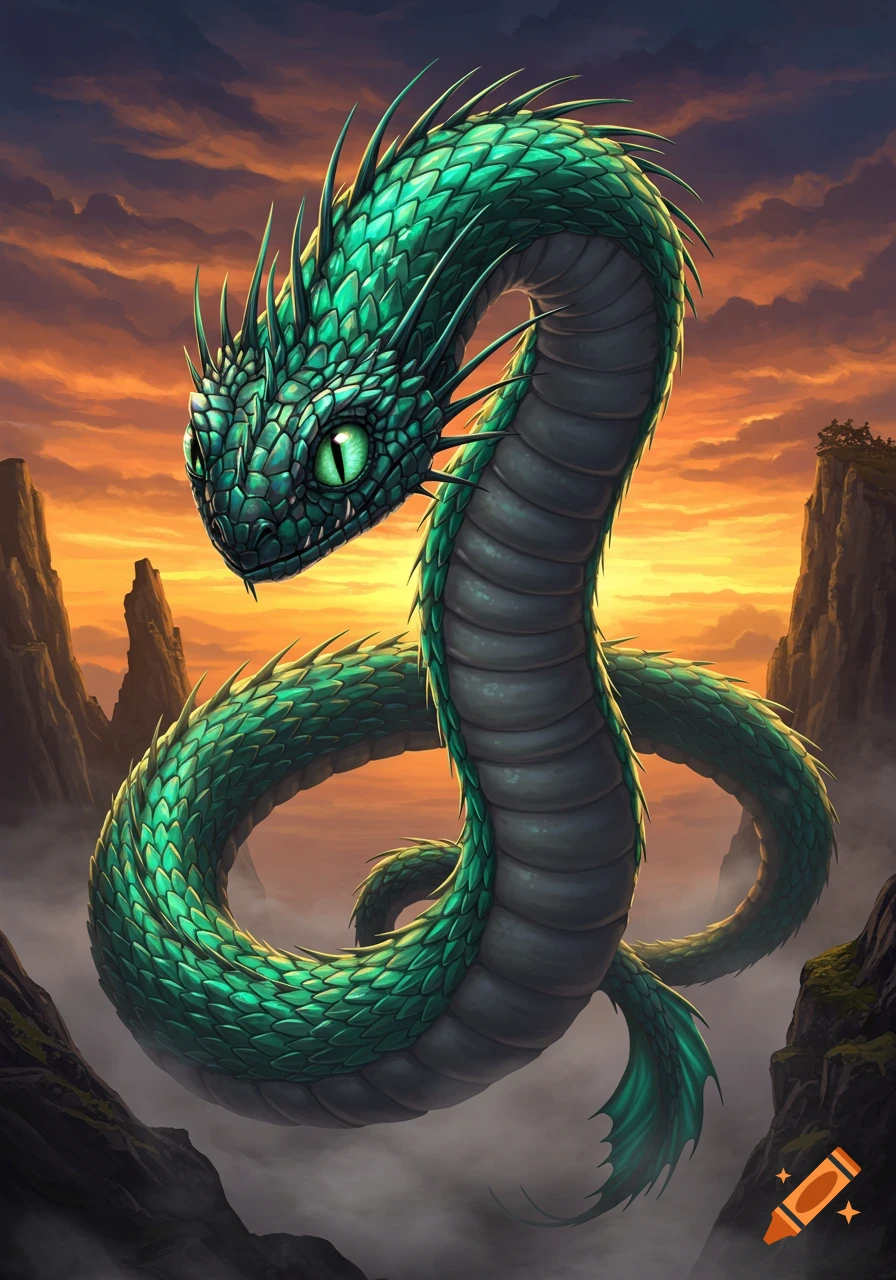 A green cartoon snake with large eyes cries in a classroom with desks ...