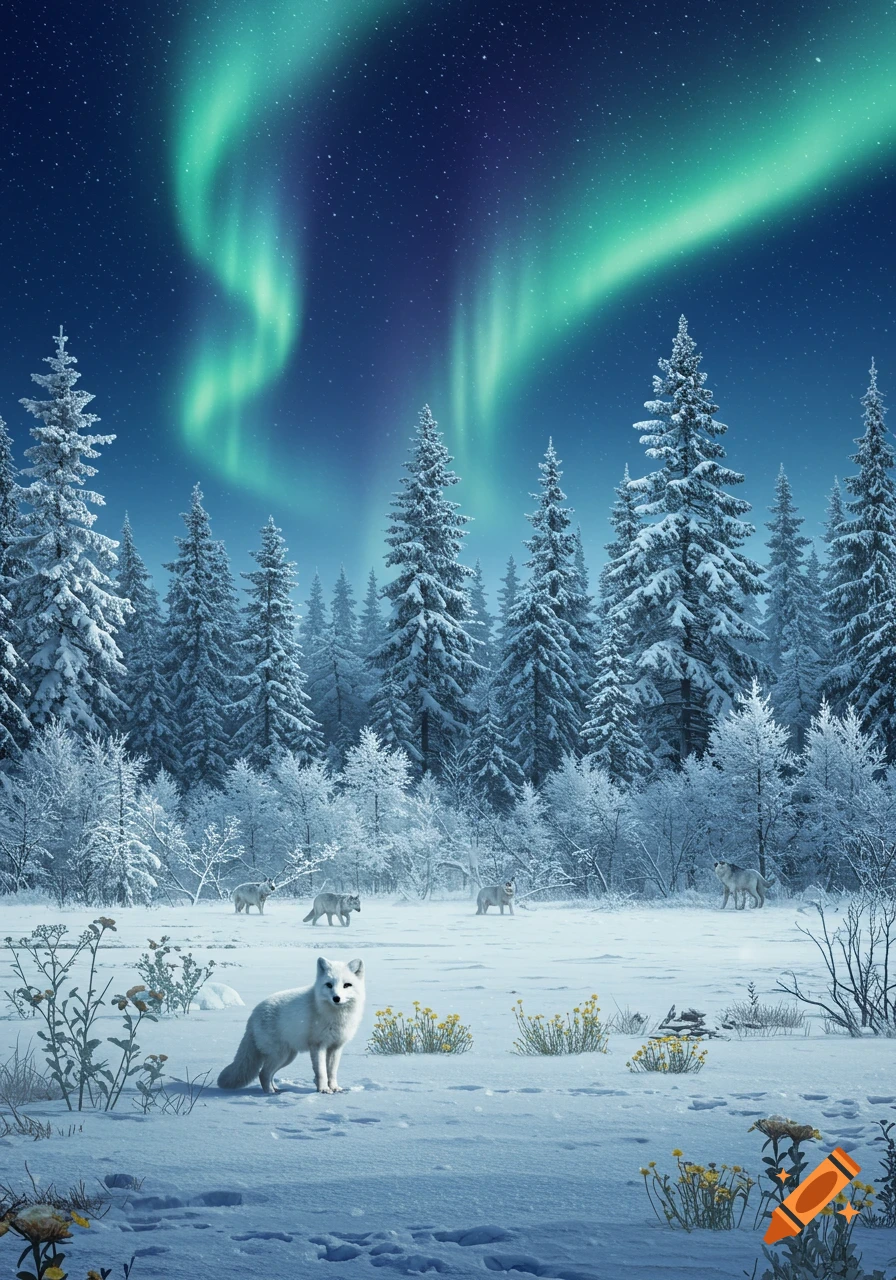 A red fox and a white wolf sit in a snowy forest at night, under a ...