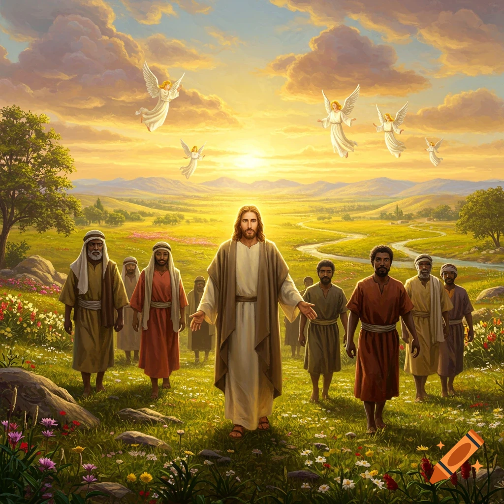Jesus ascends into a bright, cloudy sky, radiating light over a crowd ...